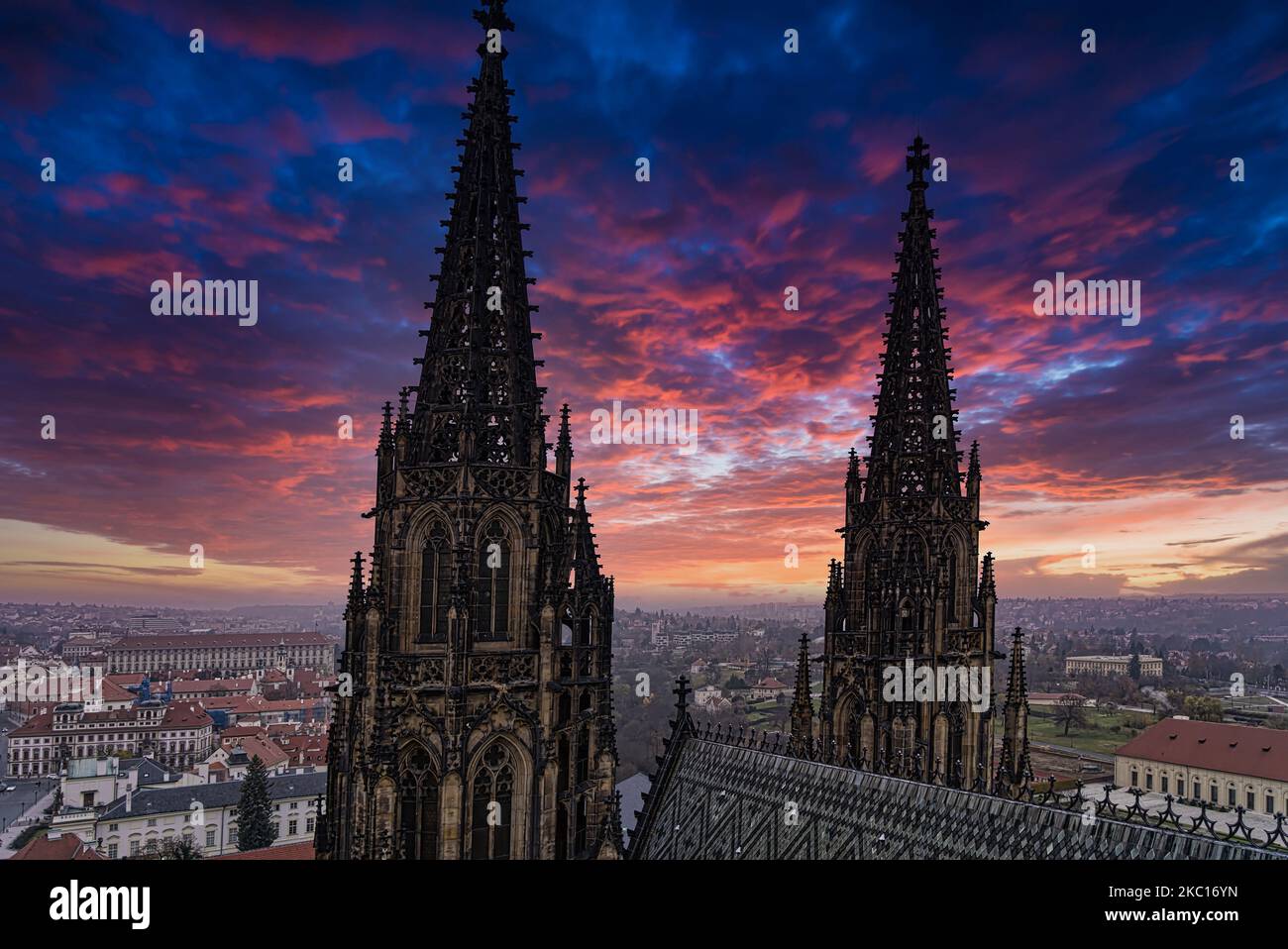 A breathtaking shot of a gothic cathedral in Prague with tall elaborate ...