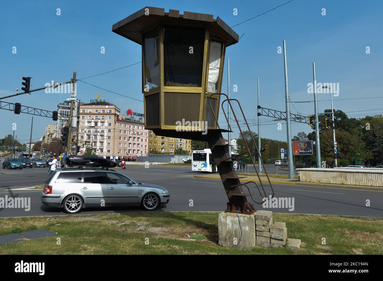A traffic control tower seen next to a roundebout in Sofia city center ...