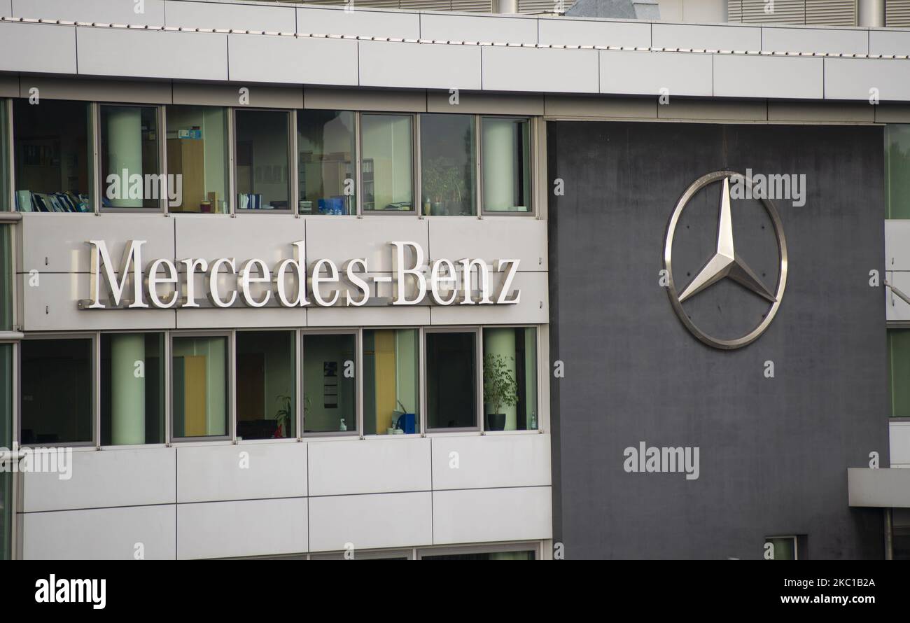 German car maker Mercedes-Benz sign and logo is seen on October 7, 2020 ...