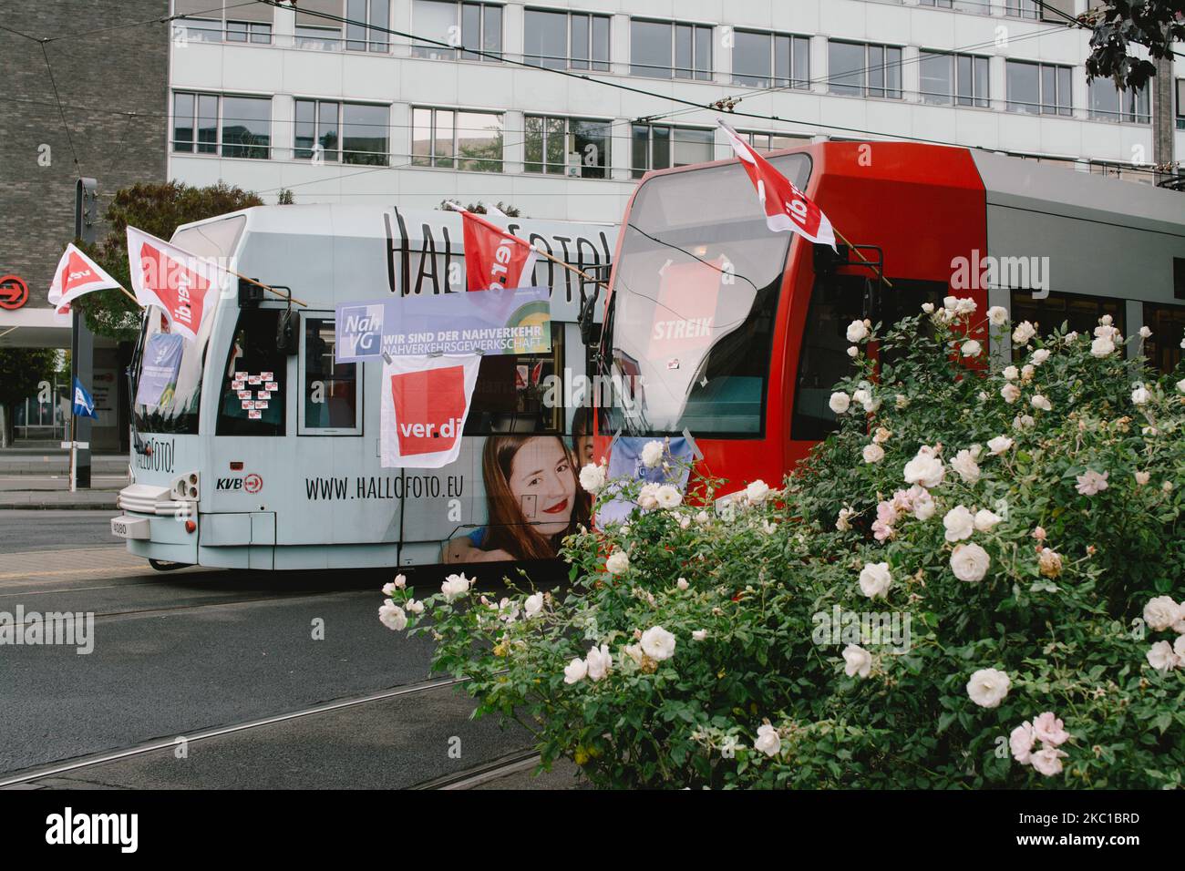 the trams are seen with striker signs and verdi union flag next to the ...