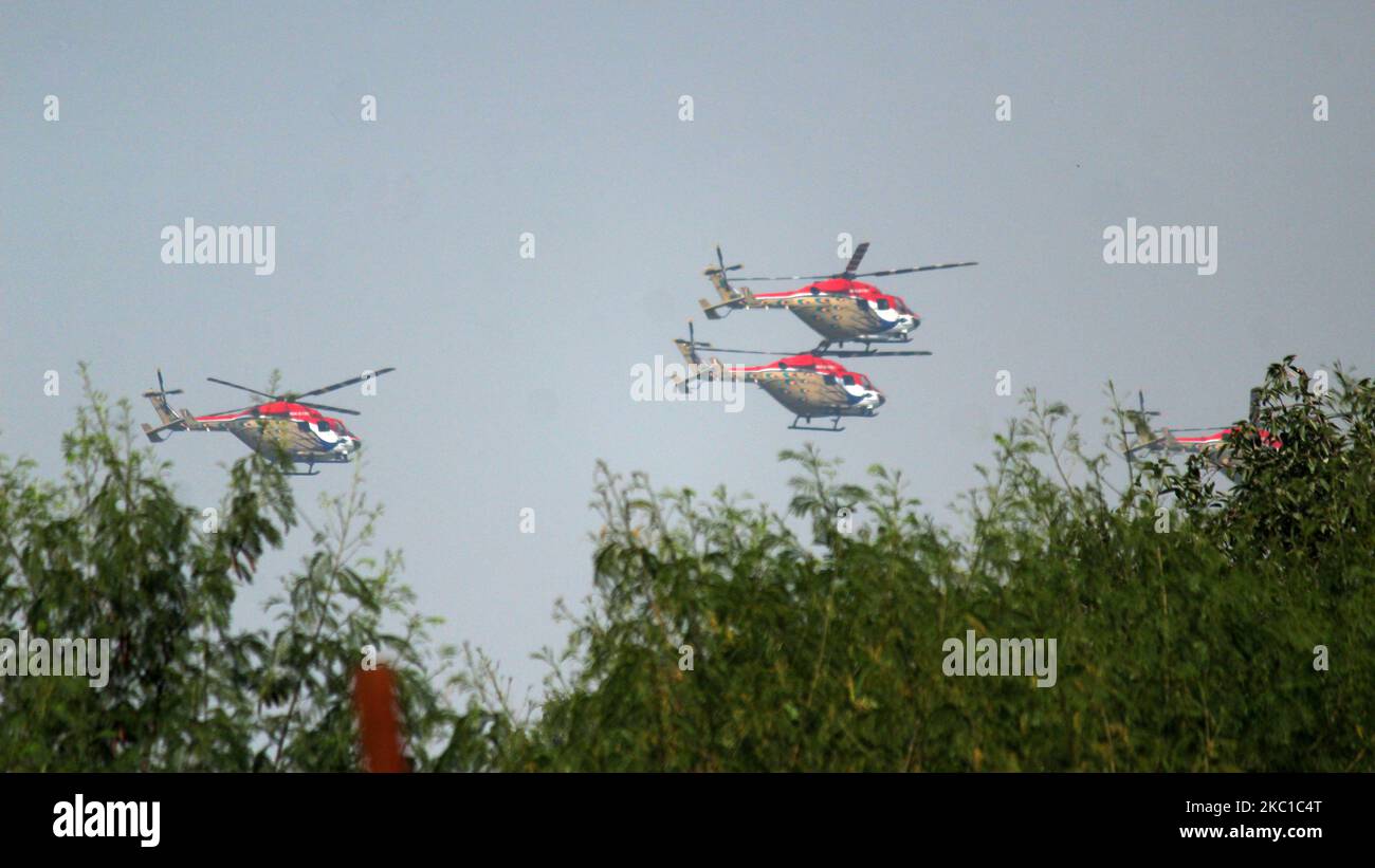 Indian Air Force's (IAF) Sarang helicopters aerobatic team during the ...