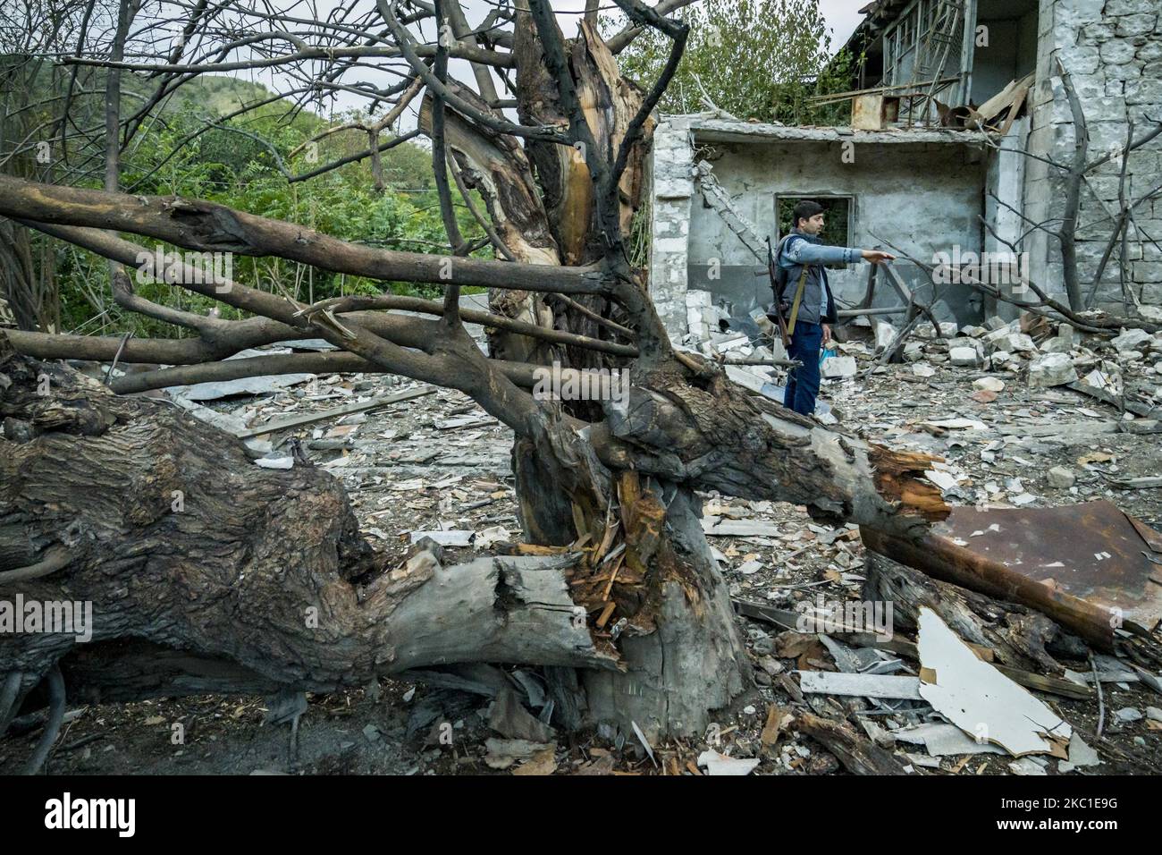 Destruction in a backyard of Martakert village, on October 9, 2020 ...