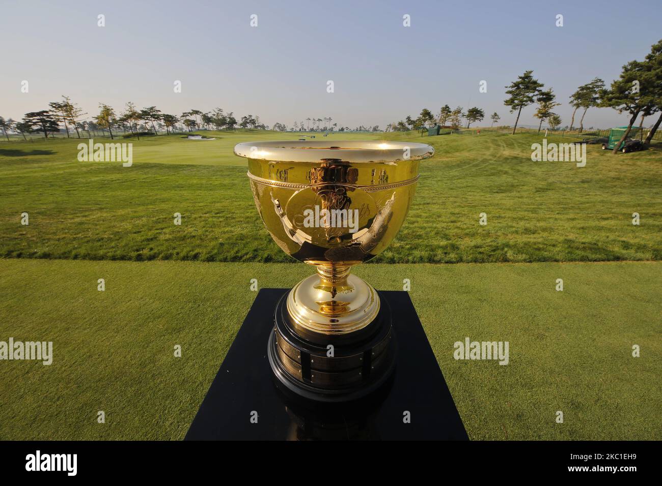 Cup trophy displayed on the green before group photo time during the ...