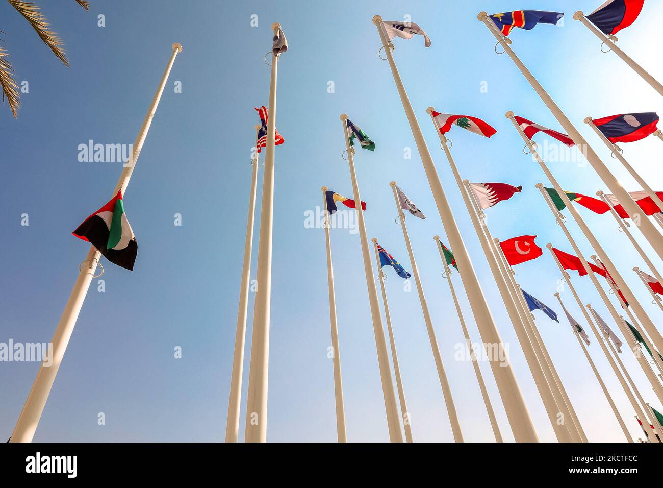 Flags of different countries of world flutters in wind background of ...