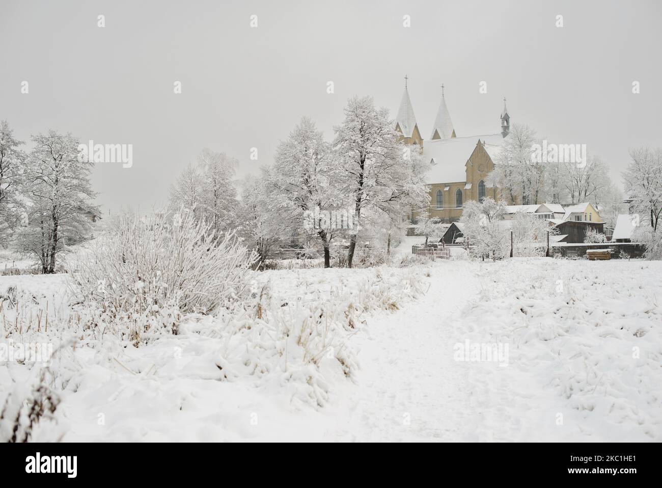 Winter landscape in the village of Rakov, trees, houses and the church ...