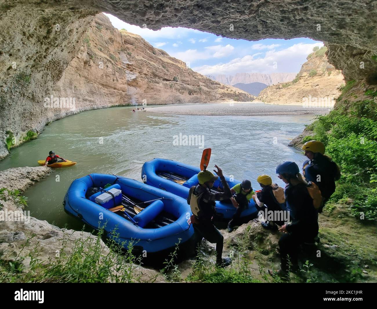 A group of people getting ready for rafting on the Armand river Stock ...