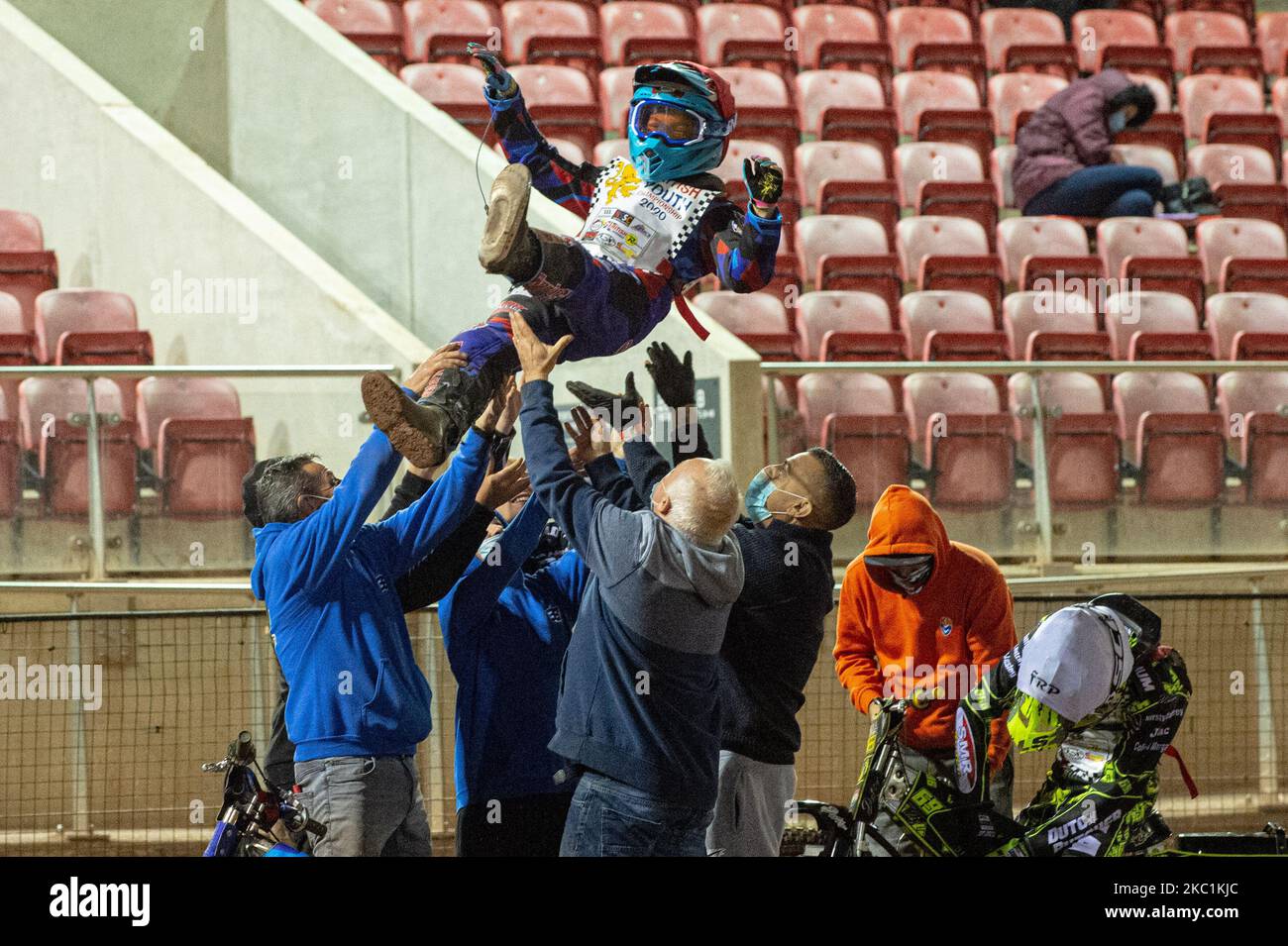 Sonny Springer gets the bumps as the 125cc A Class Final winner during ...