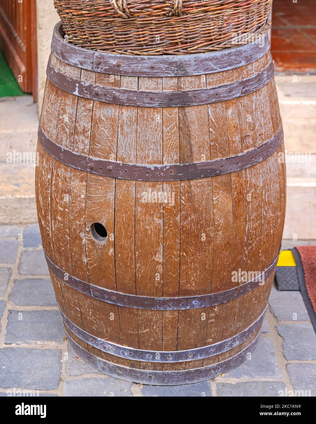 Old Brown Oak Wood Wine Barrel at Street Stock Photo - Alamy