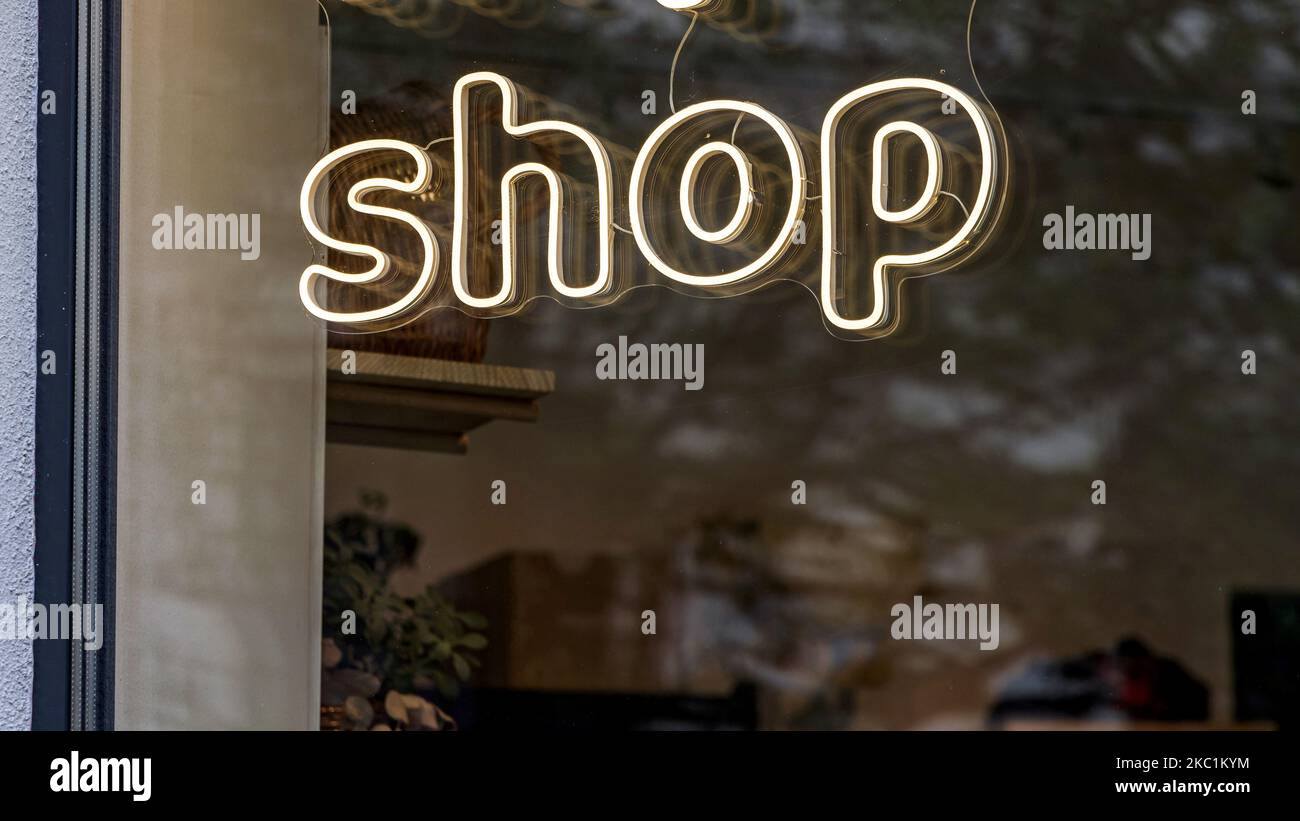 White Neon Sign Shop in Store Window Transparent Stock Photo - Alamy