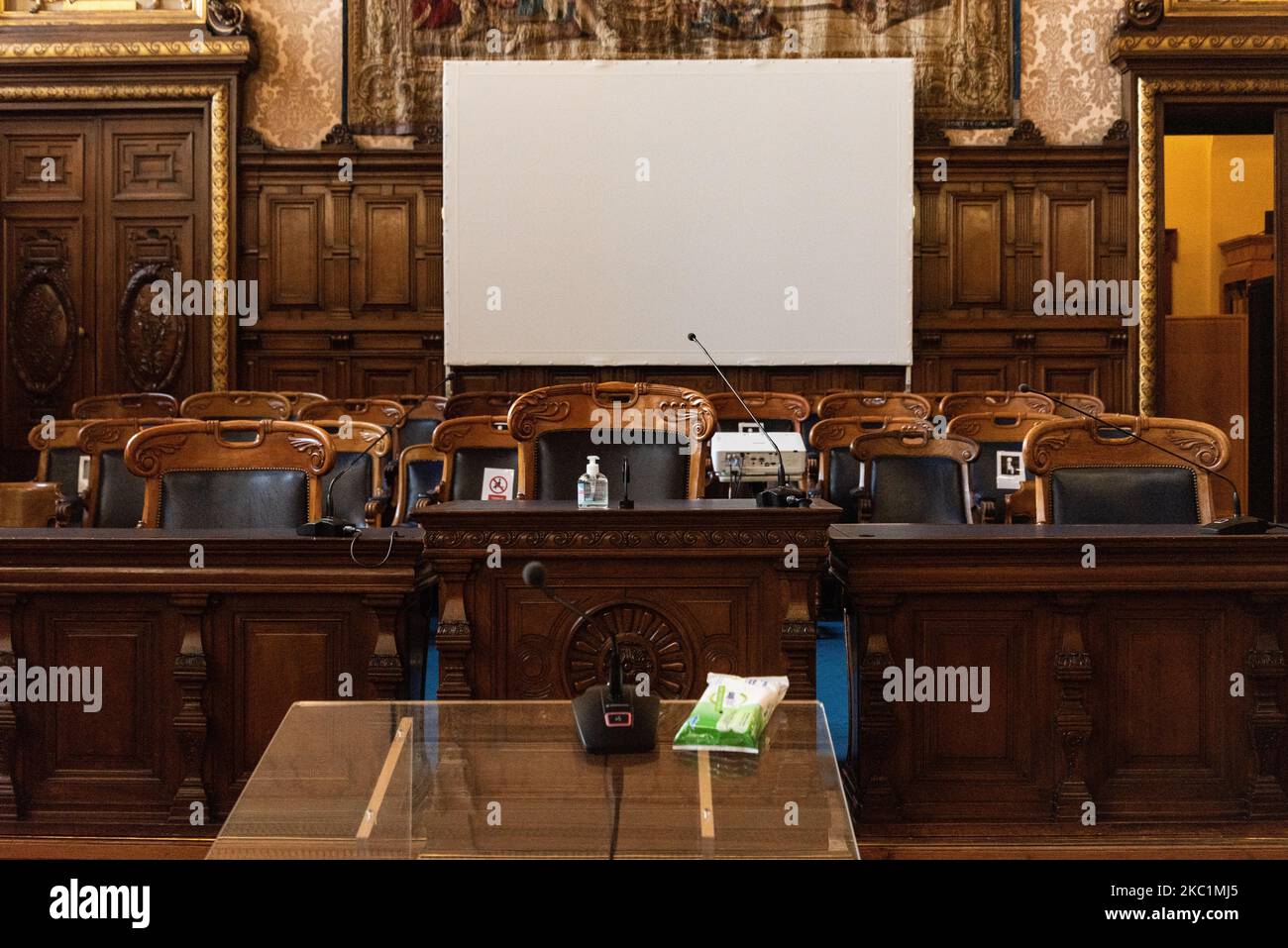 General view of a courtroom in the Paris courthouse on October 12, 2020 ...