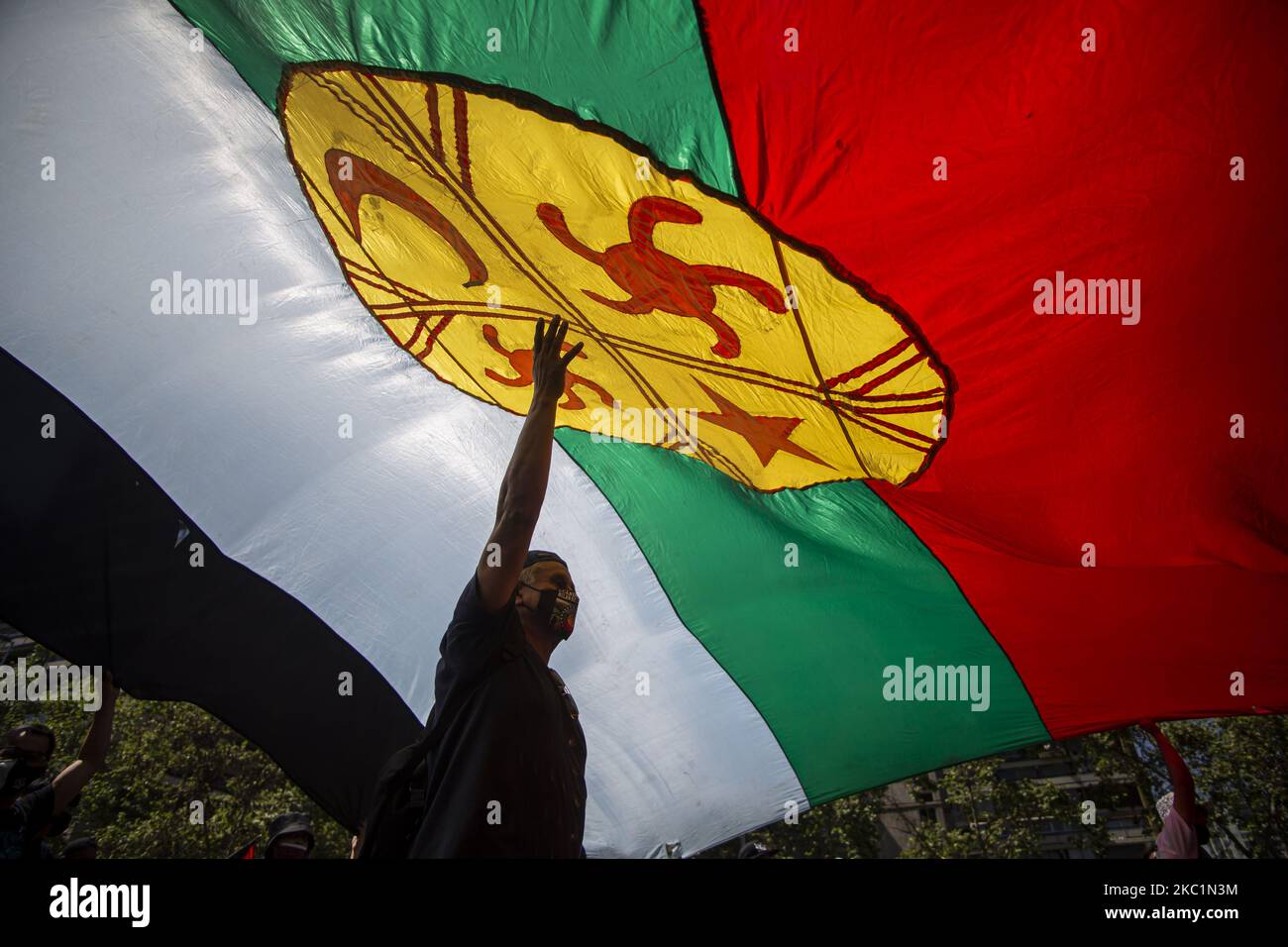 A person holds a large flag of the Mapuche nation-people, just below ...