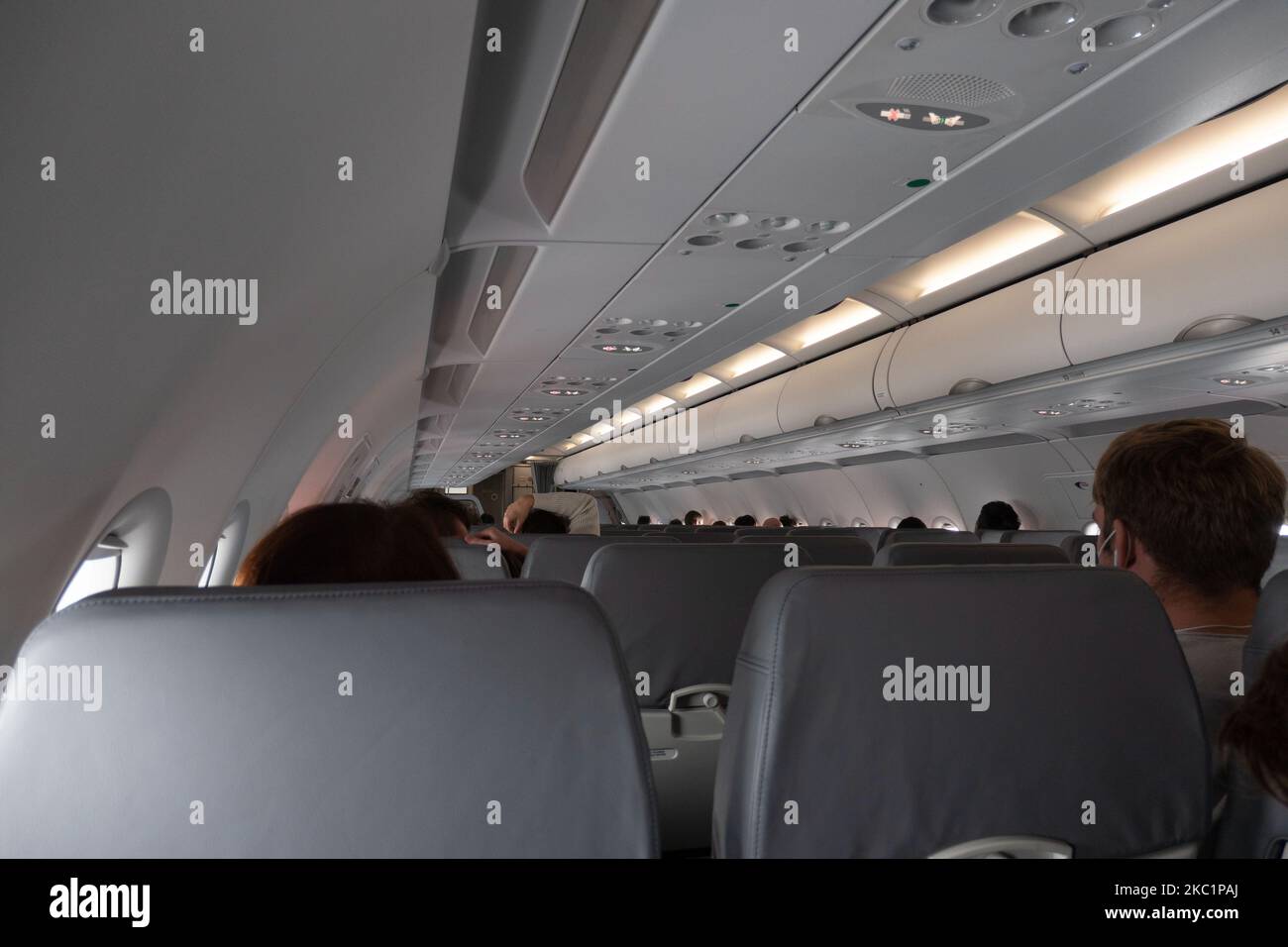 Interior of the cabin during the flight. Flying with Lauda Airbus A320 ...