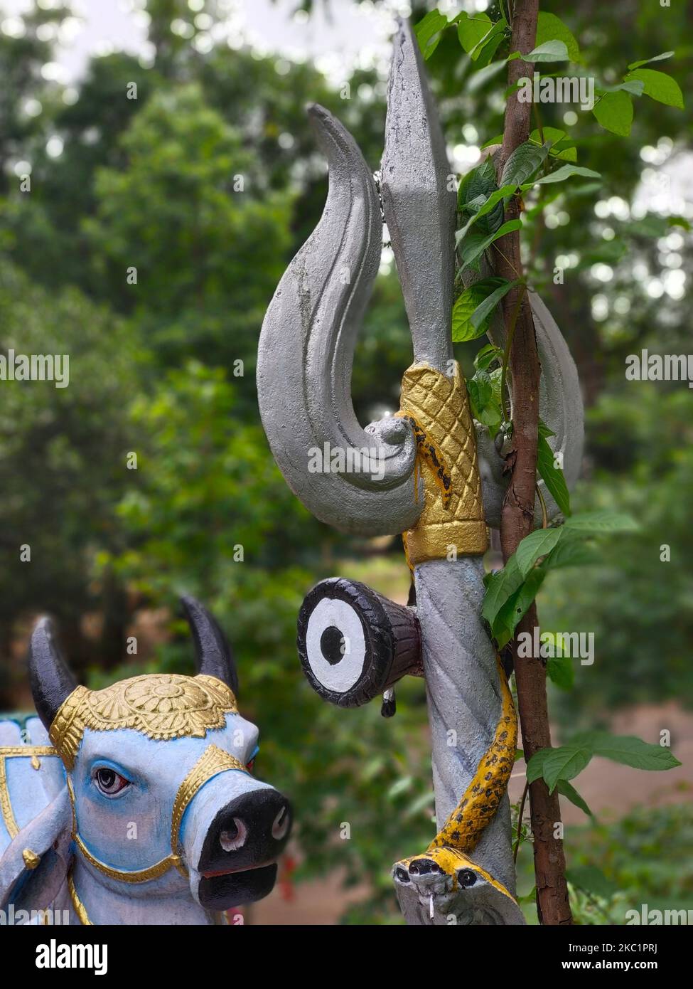 A vertical closeup shot the Trishula trident, one of the principal ...