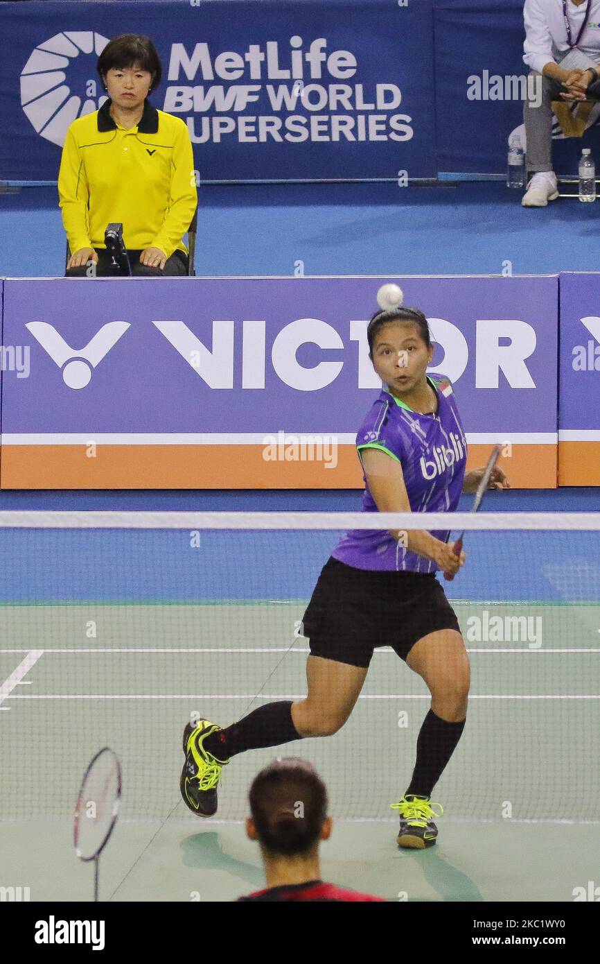 South Korea's Chang Ye Na and her teammate Lee So Hee play match during their women's double ...