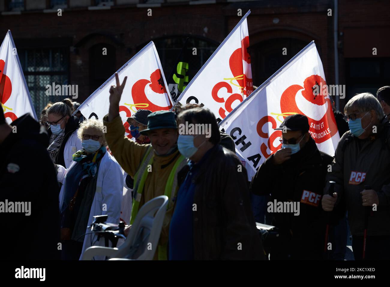 Flags of the CGT health union. Doctors, nurses and nursing auxiliaries ...