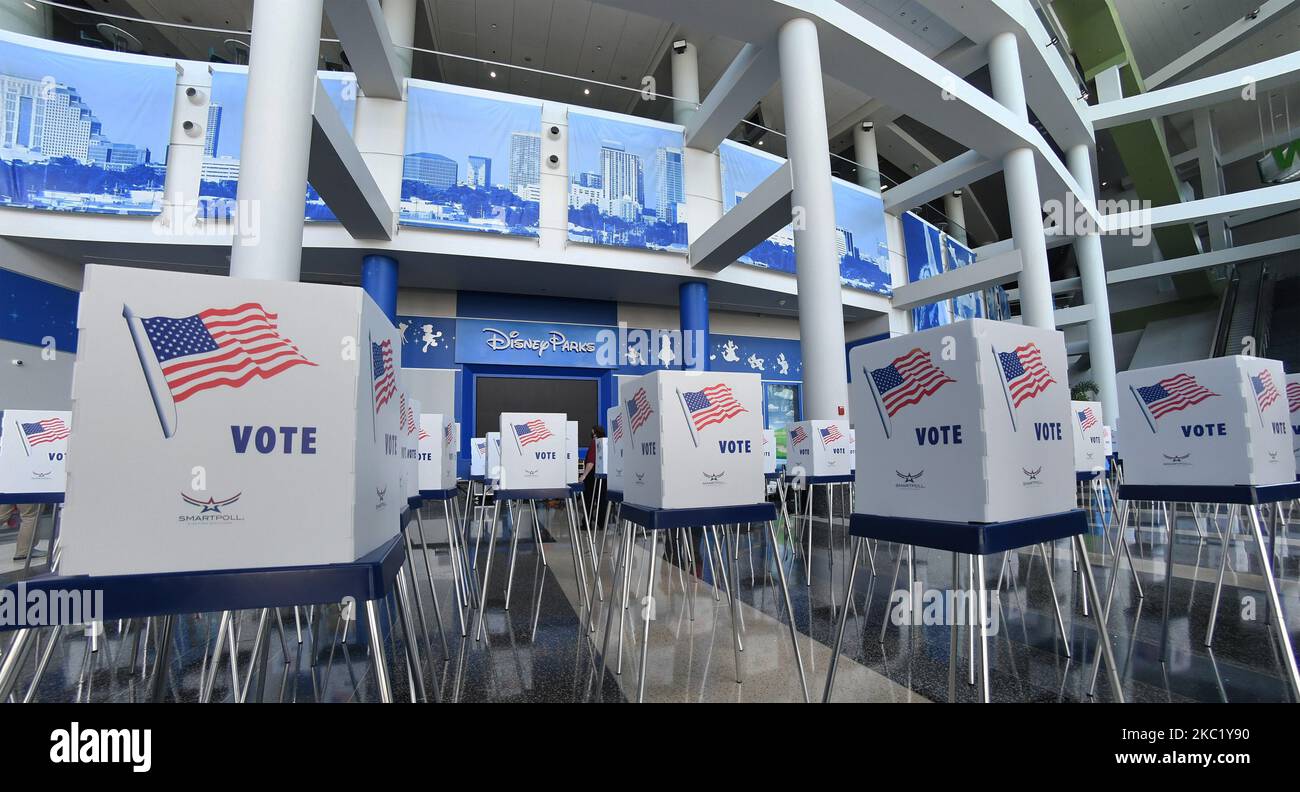 Voting booths are seen at an early voting site established by the City ...