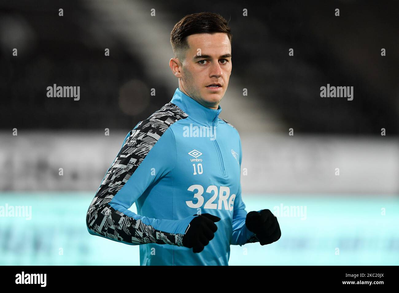 Tom Lawrence of Derby County warms up ahead of kick-off during the Sky ...