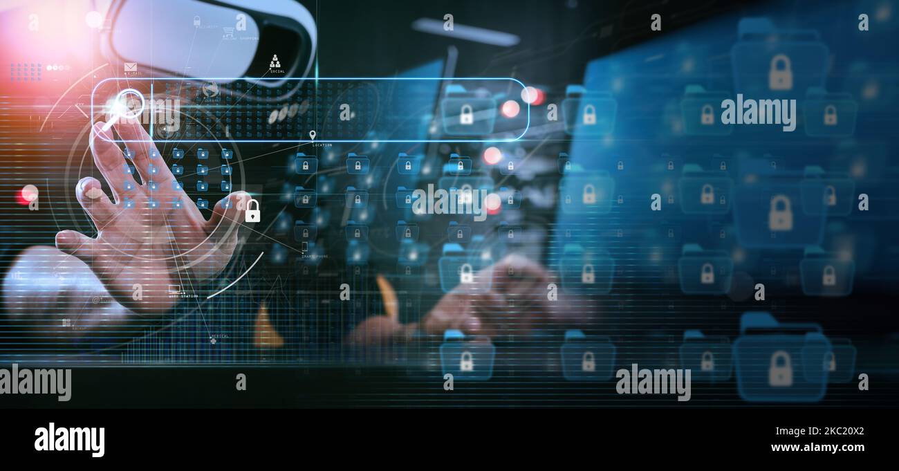 Businessman wearing VR glasses virtual Global Internet connection metaverse,future technology ...