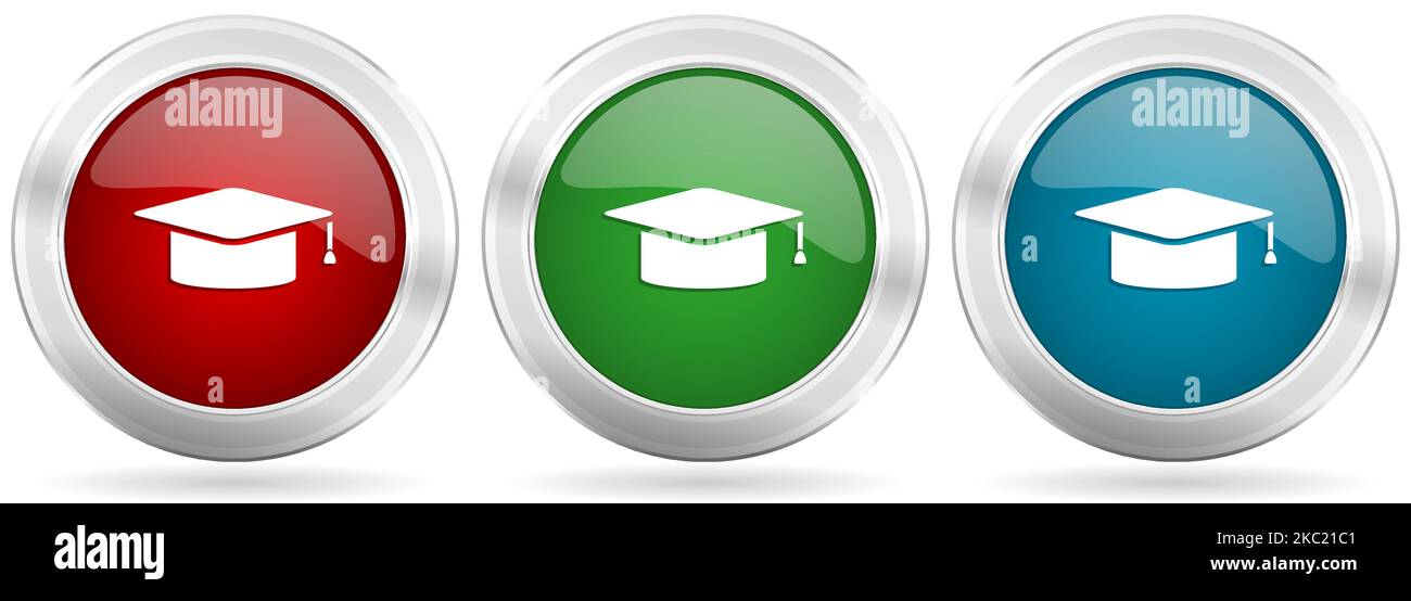 Graduation, cap, education vector icon set. Red, blue and green silver ...