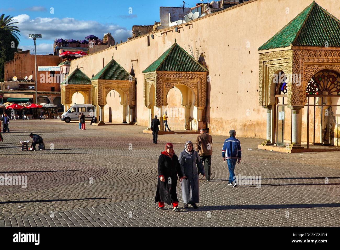 People stroll in the main square of the city of Meknes, Morocco, Africa ...