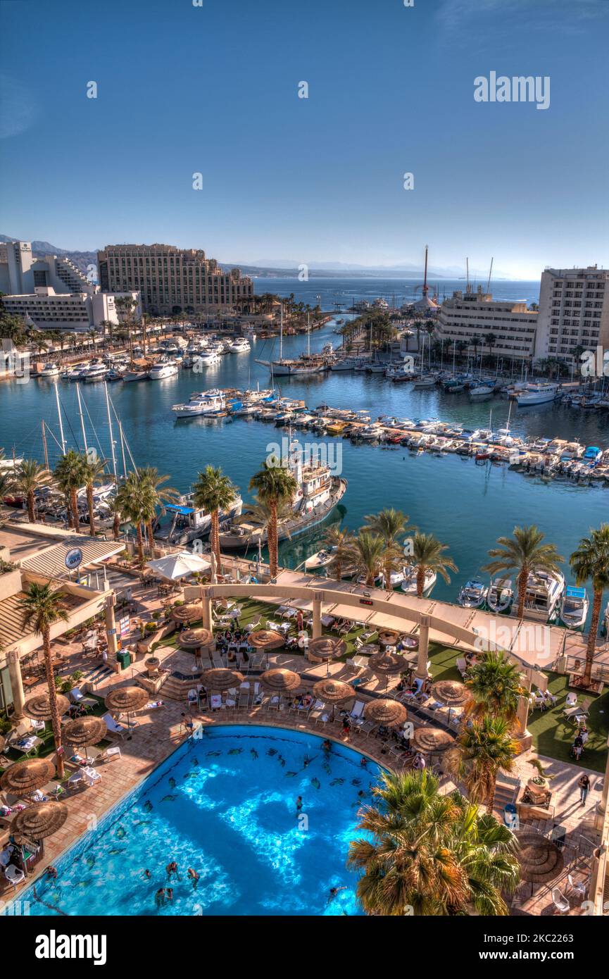 EILAT, ISRAEL - 16 DECEMBER 2017: view of people in hotel's pool and ...
