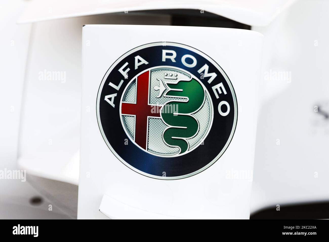 Alfa Romeo logo is seen on the Formula 1 car Sauber C-37 in the livery ...