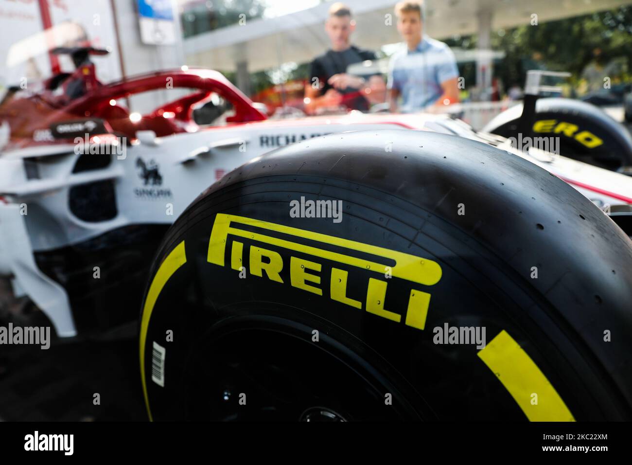 Pirelli logo is seen on a tyre of the Formula 1 car Sauber C-37 in the ...