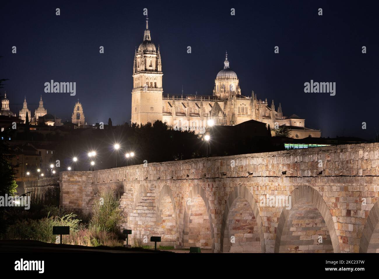 A night view of the Cathedral with the illuminated roman bridge at ...