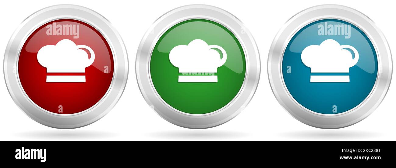 Cook vector icon set. Red, blue and green silver metallic web buttons ...