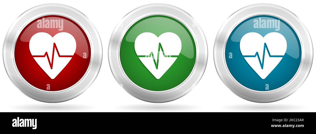 Pulse vector icon set. Red, blue and green silver metallic web buttons ...