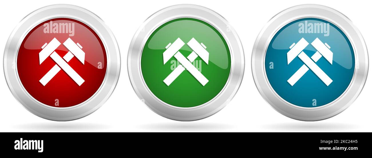 Mining vector icon set. Red, blue and green silver metallic web buttons ...