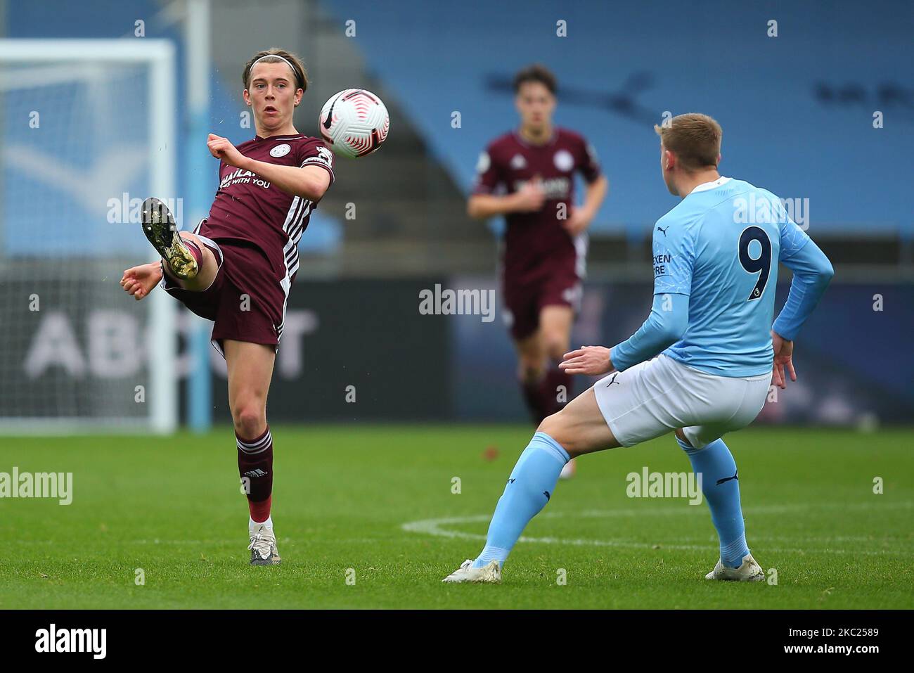 Leicesters Callum Wright & Citys Liam Delap during the Premier League 2 ...