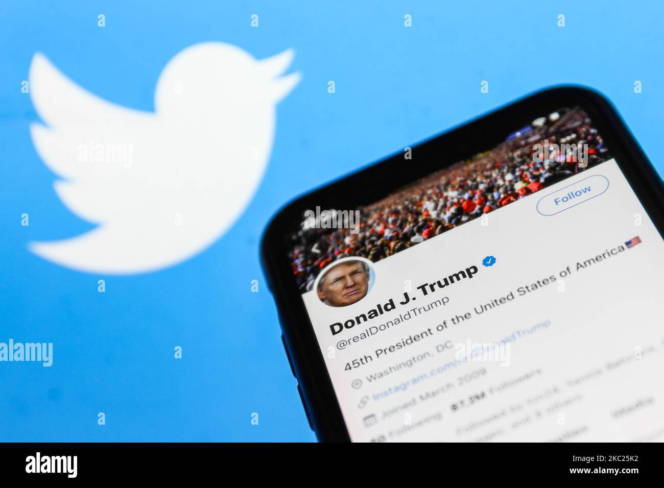 Twitter feed of the President of the USA Donald Trump is seen displayed ...