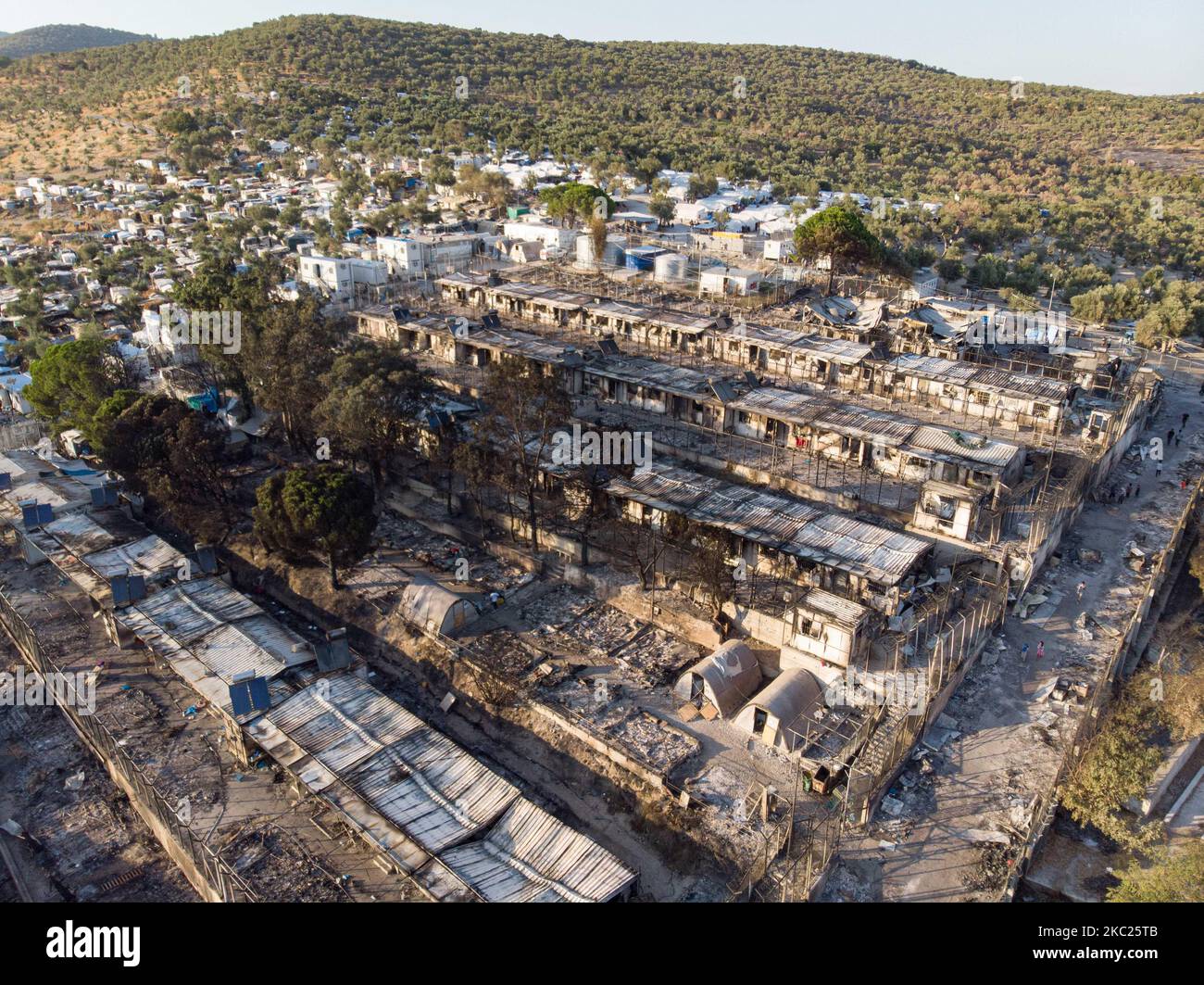 Panoramic view from a drone of the aftermath of the first fire in Moria ...