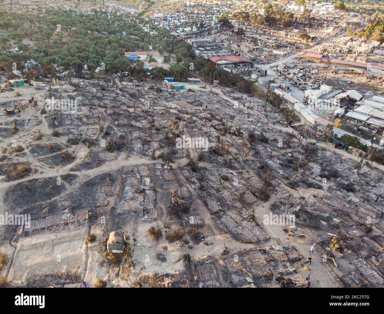 Panoramic view from a drone of the aftermath of the first fire in Moria ...