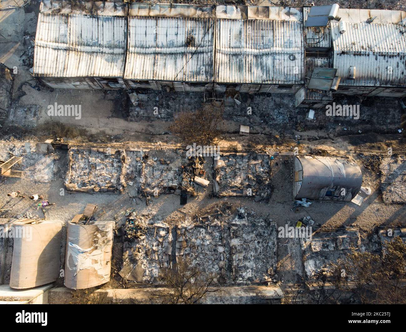 Panoramic view from a drone of the aftermath of the first fire in Moria ...