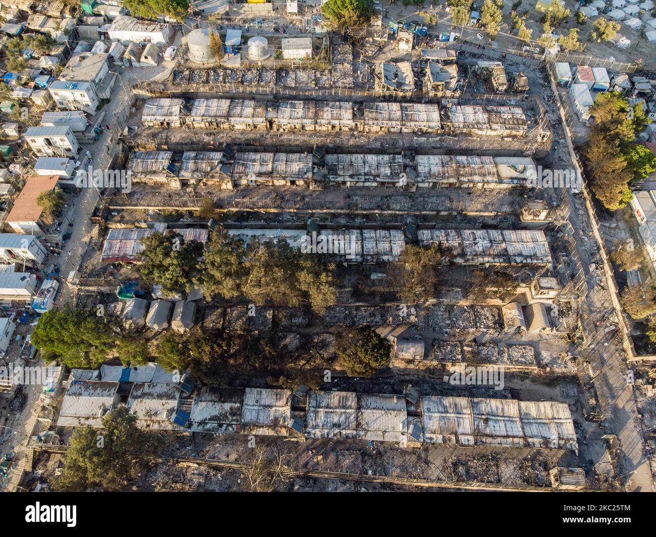 Panoramic view from a drone of the aftermath of the first fire in Moria ...