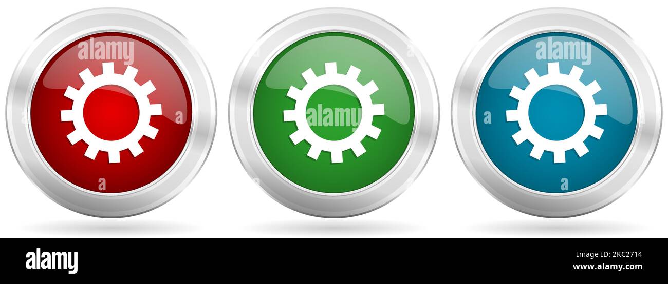 Gear, cogwheel vector icon set. Red, blue and green silver metallic web ...