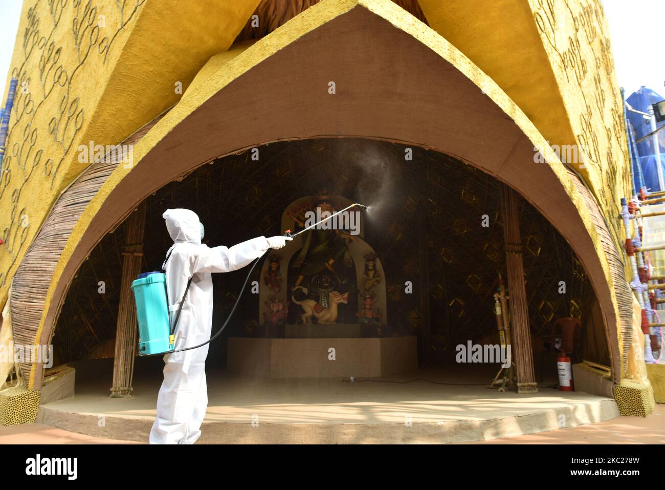 Sanitization of Durga Puja pandal(temporary makeshift) in Kolkata ...