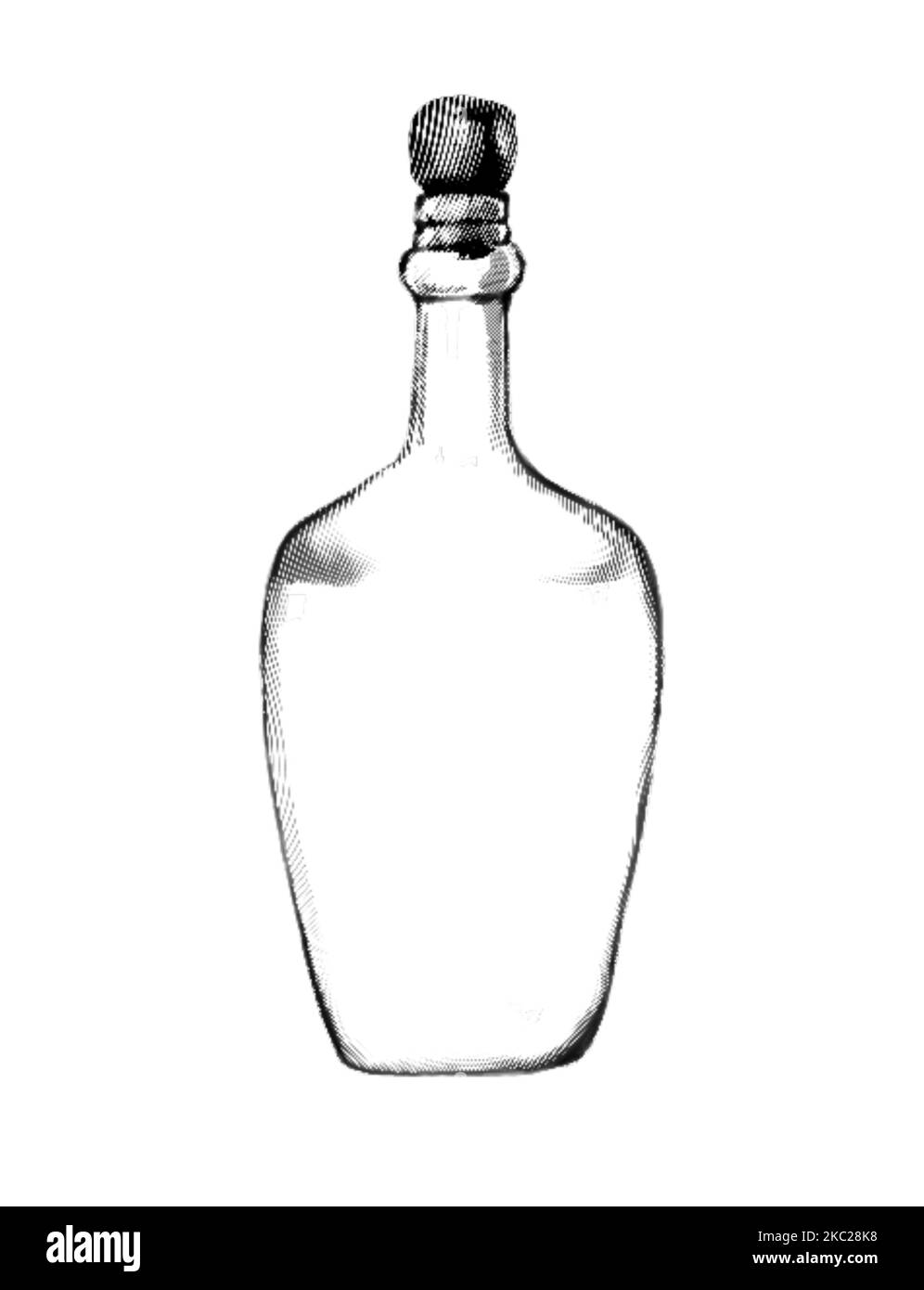 Bottle engraving. Realistic illustration of a transparent bottle. Black ...