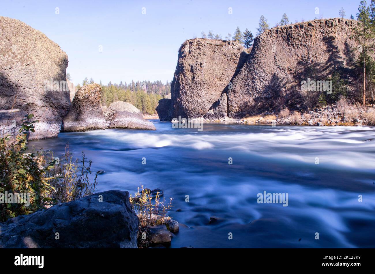 The river at Riverside State Park in between the bigs rocks in ...