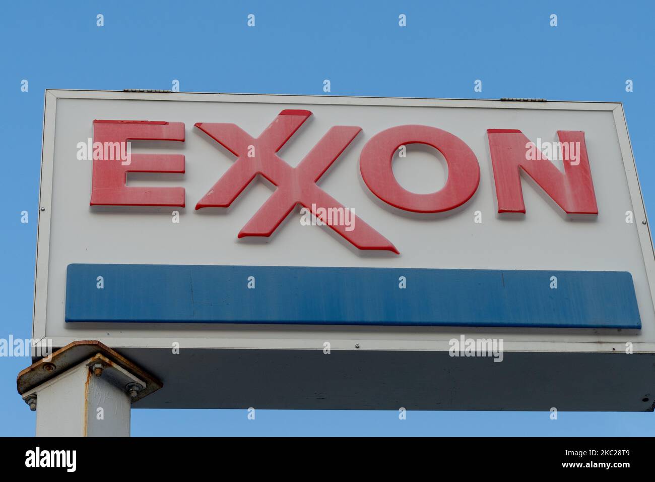 A view of an Exxon logo at a Gas Station in Flushing, Borough of Queens ...