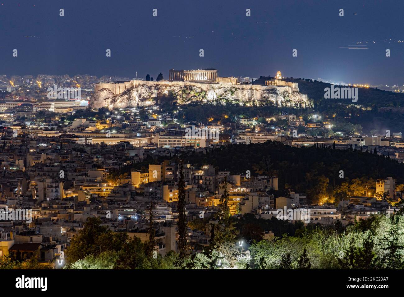 Night view of the Parthenon and Acropolis in the Greek capital Athina. Long exposure photography ...