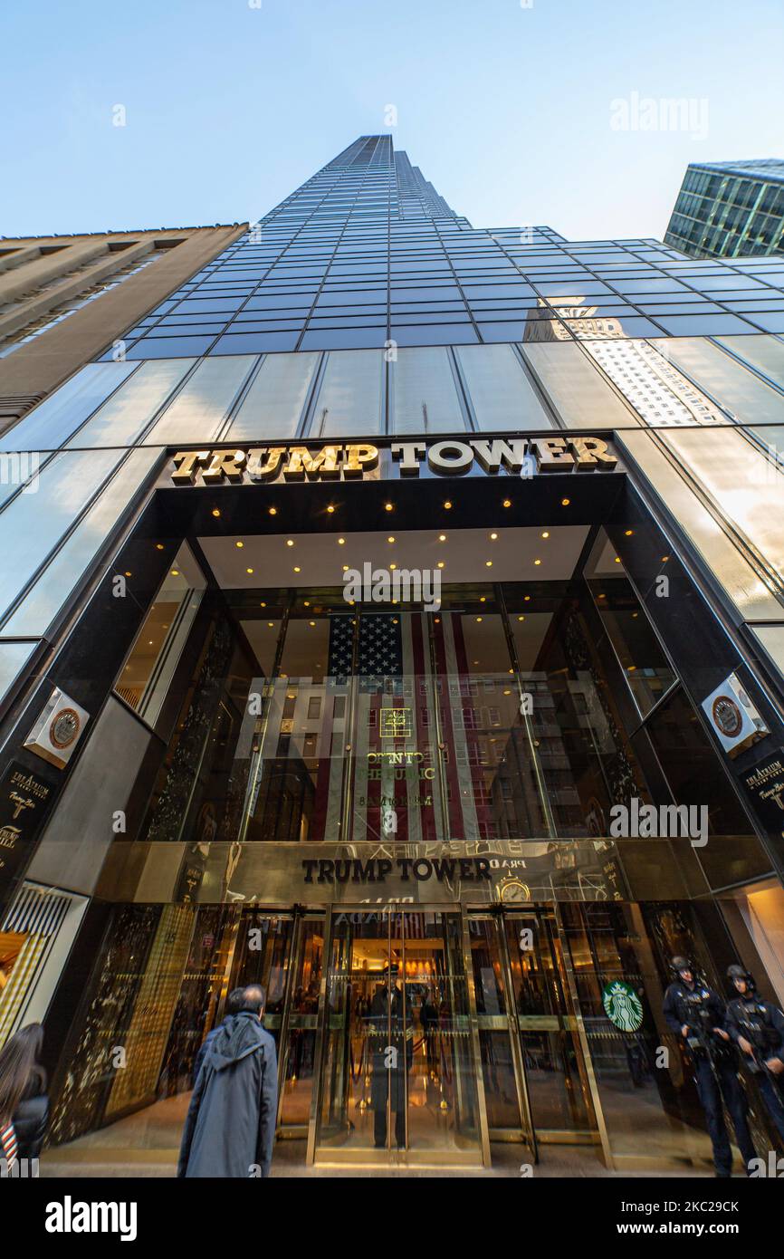 Wide angle view of the main entrance with the incription "Trump Tower ...