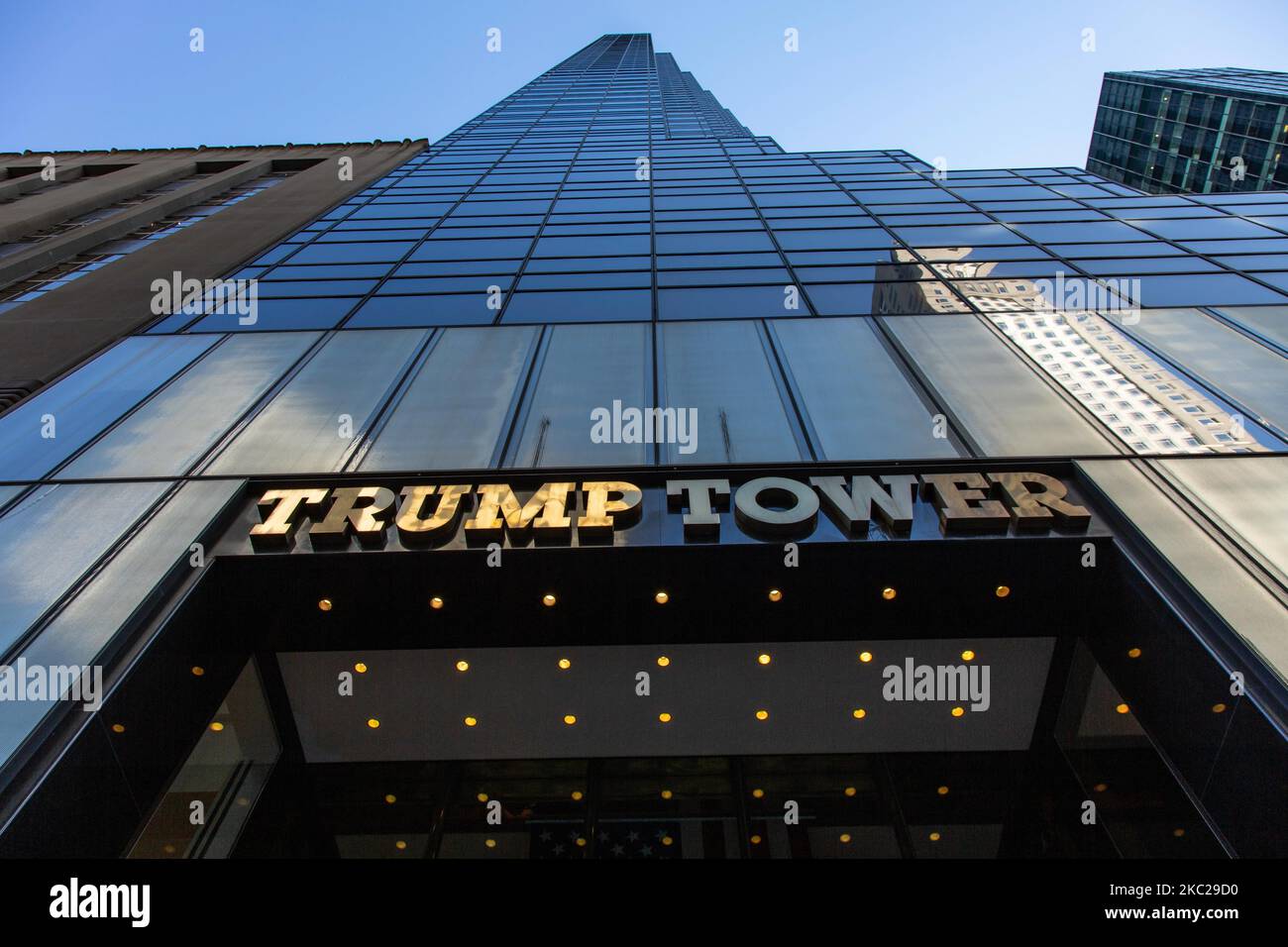 Wide angle view of the main entrance with the incription "Trump Tower ...