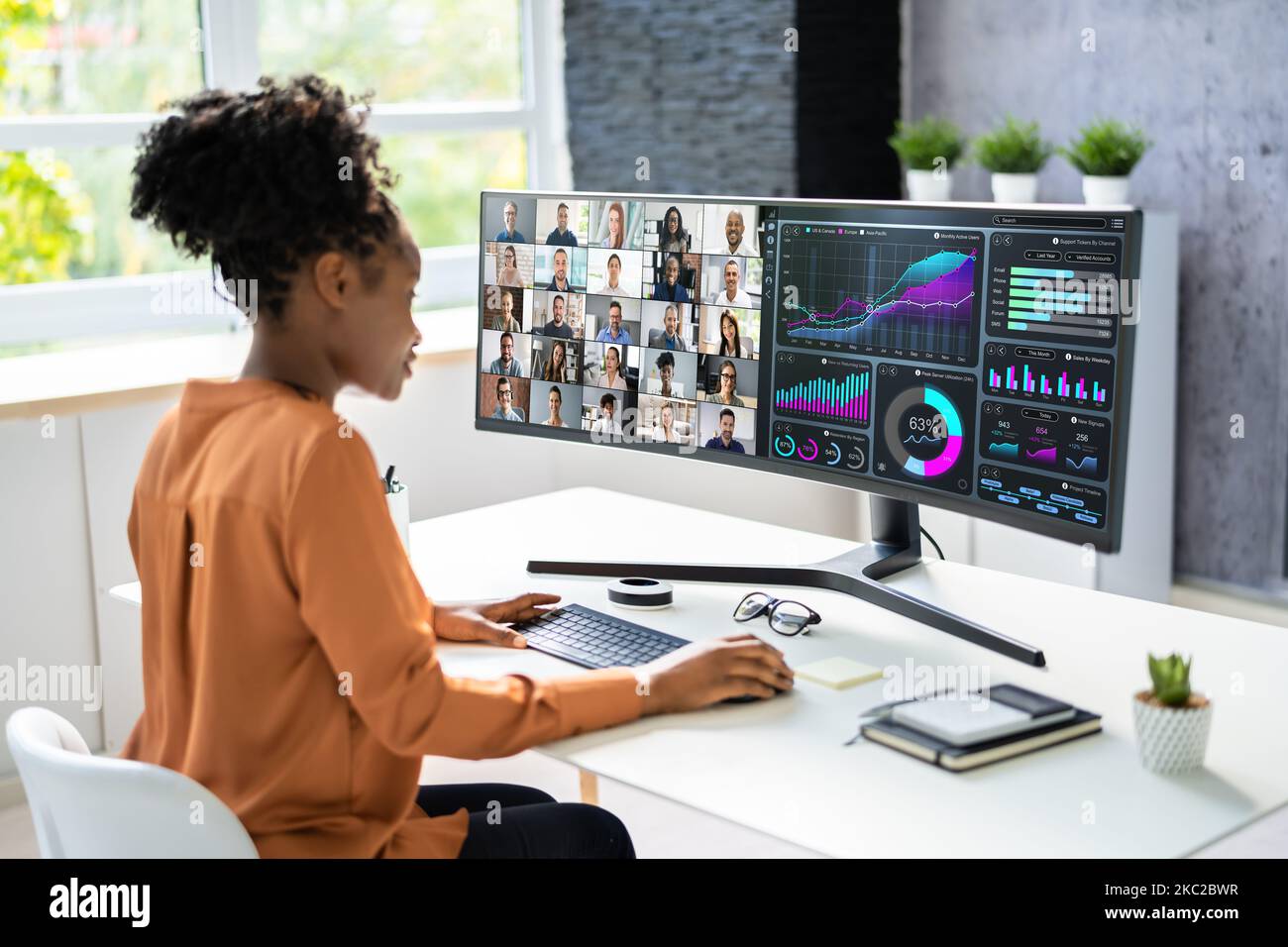 Virtual Telework Webinar And Learning Presentation. African Person ...
