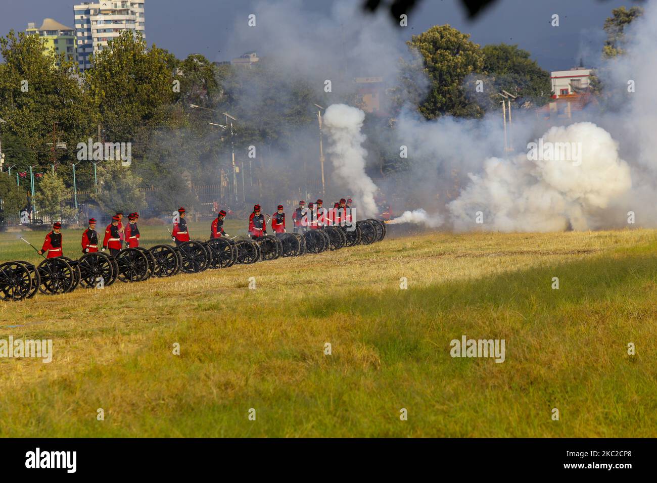 Nepalese Army fire cannon during the Fulpati celebration on the seventh ...