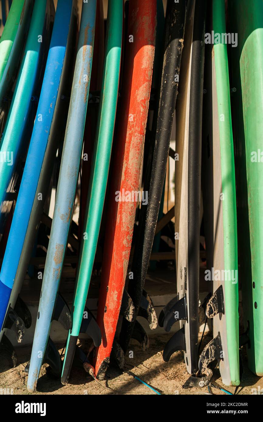 The vertical view of colorful surfing boards stacked under the sunlight ...