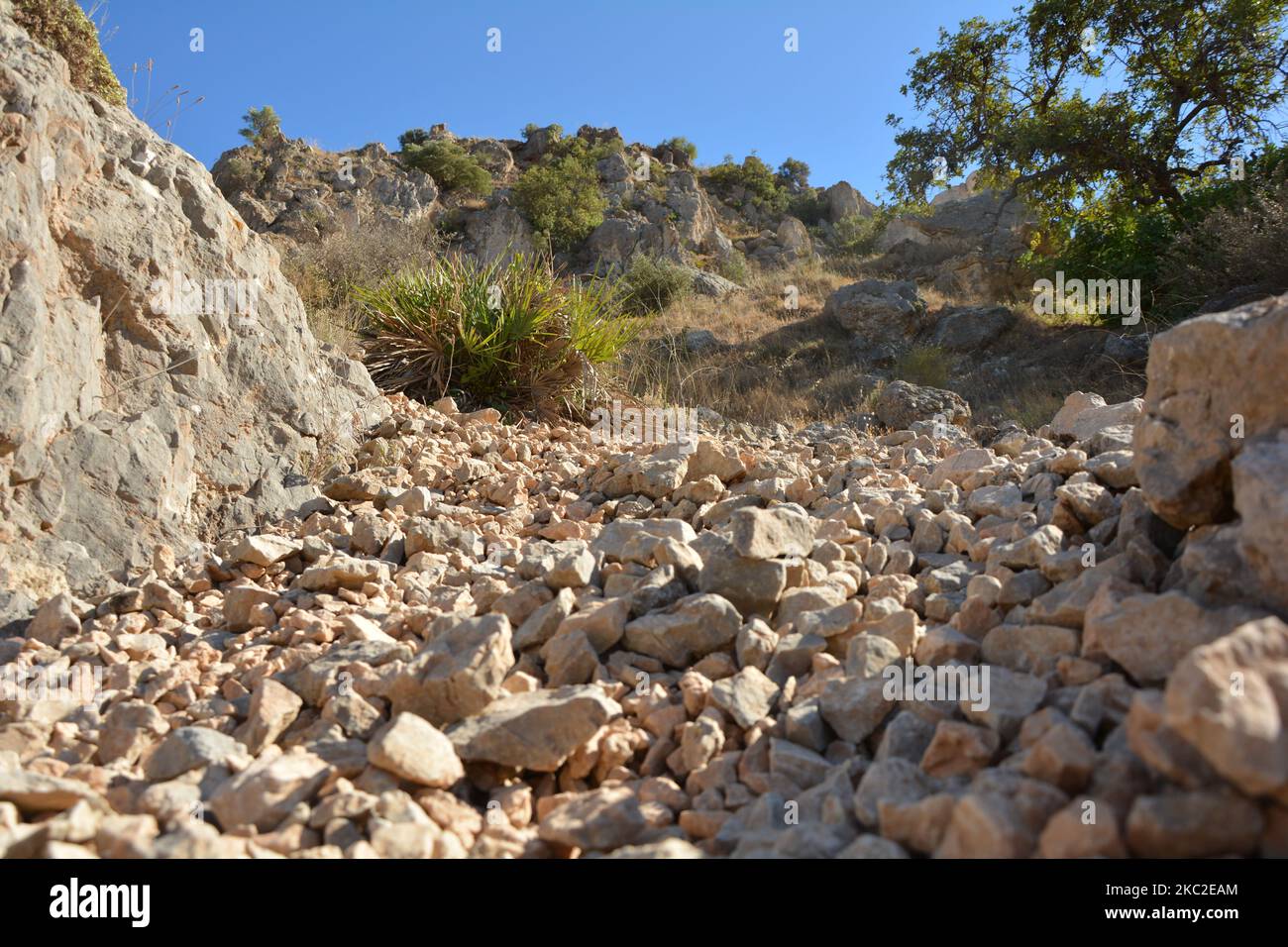 A cluster of rocks and pebbles on the mountain slope under the sunlight ...