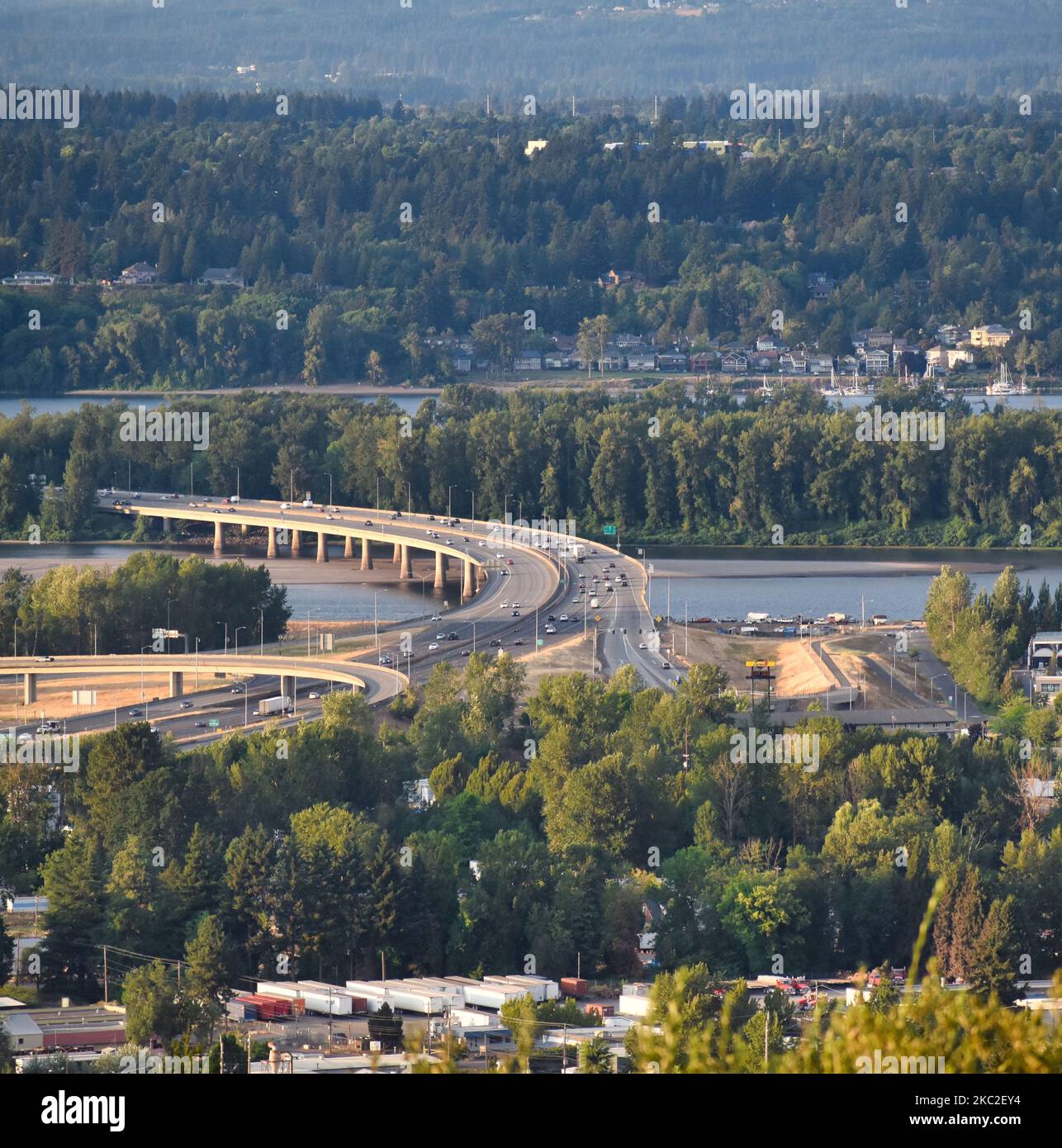 An aerial of the Glenn Jackson bridge connecting Oregon to Washington ...